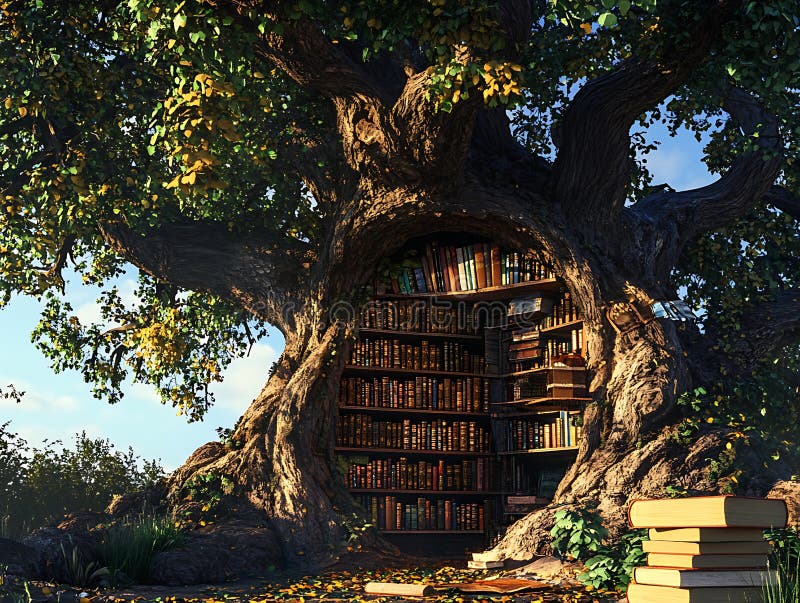 Tree with a Bookshelf, Magical Reading Nook, Nature Inspired Stock ...