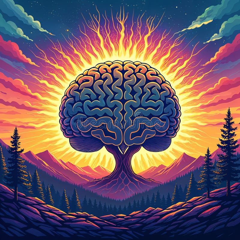 A Tree with a Brain-like Structure, Surrounded by Mountains and Trees ...