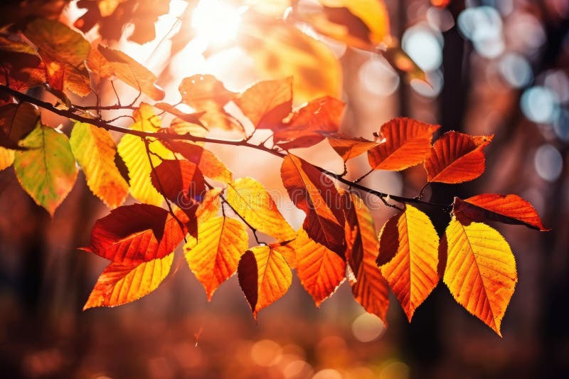Tree Branch in an Autumn Park in Morning Sun, Abstract Background ...