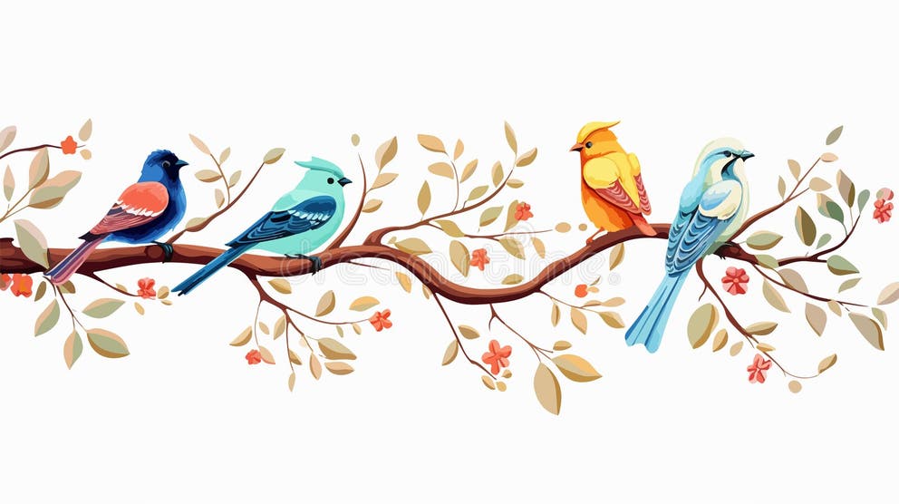 Tree Branch and Birds Vector Drawing Stock Vector - Illustration of ...