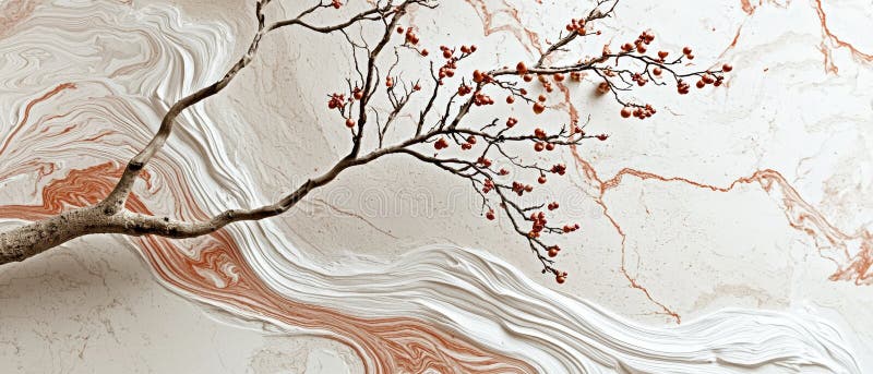 A Tree Branch Displaying Red Berries Against a White Wall Adorned with ...