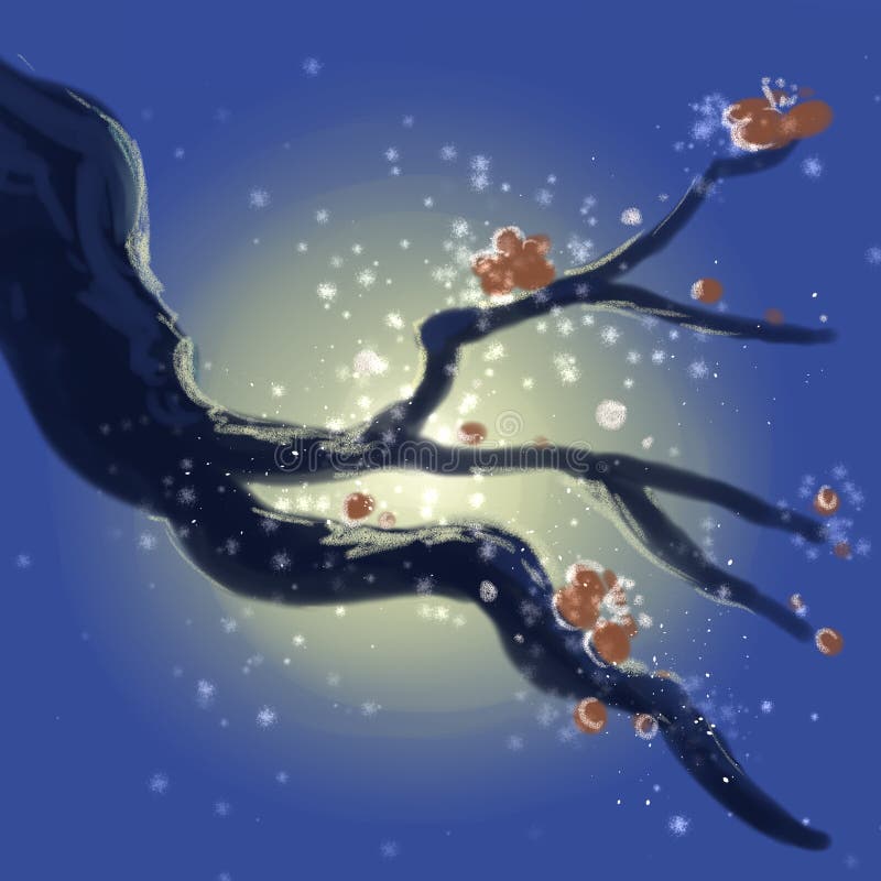 Tree Branch with Flowers and Night Moonlight Stock Illustration ...
