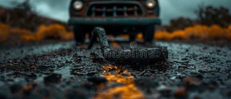 A Tree Branch on the Ground before a Car on a Road, Surrounded by a ...