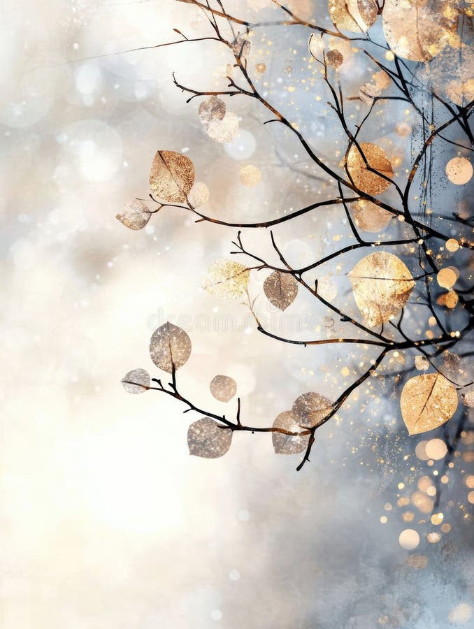 A Tree Branch with Leaves and a Snowflake in the Background Stock ...