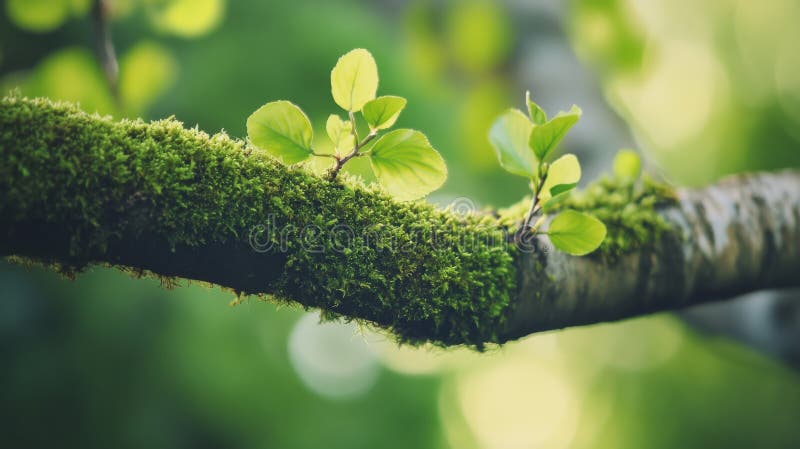 Tree Branch with Moss and Sprouting Leaves in Natural Setting Stock ...