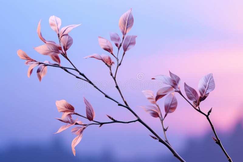 A Tree Branch with Pink Leaves in Front of a Sunset Stock Illustration ...