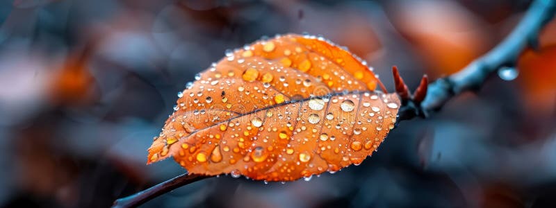 A Tree Branch S Leaf Up-close, Adorned with Water Drops, Against a ...