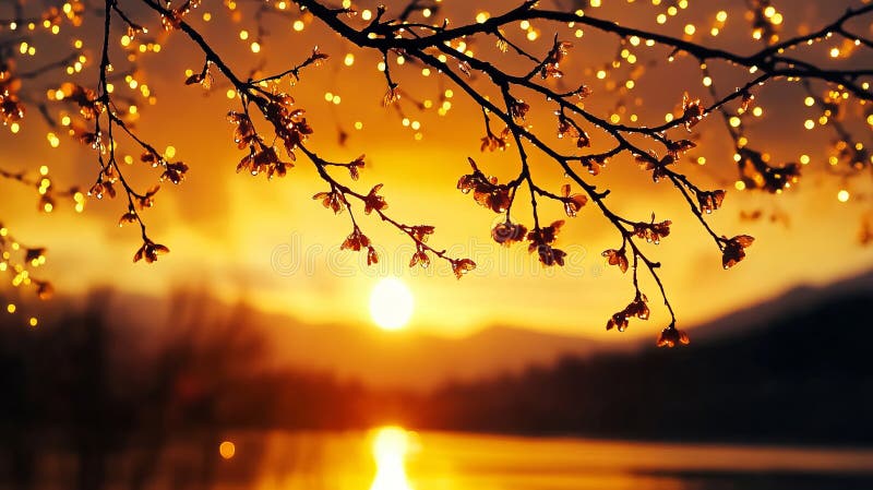 A Tree Branch with a Sunset in the Background Stock Photo - Image of ...