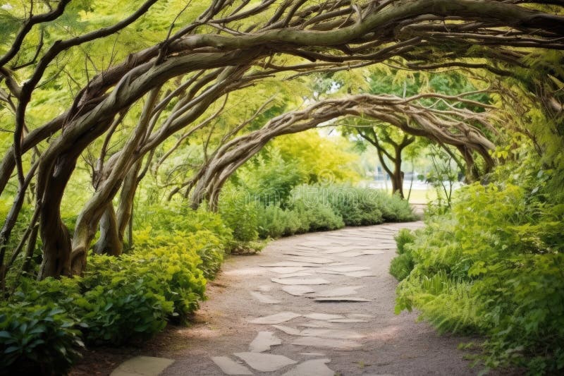 Tree Branches Arching Over a Garden Path Stock Image - Image of ...