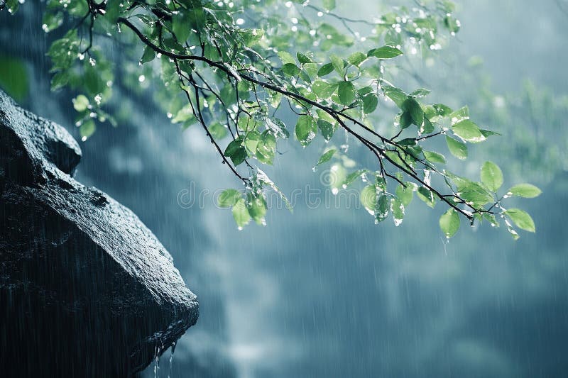 The Tree Branches Bent Over the Rock in the Pouring Rain. Generated by ...