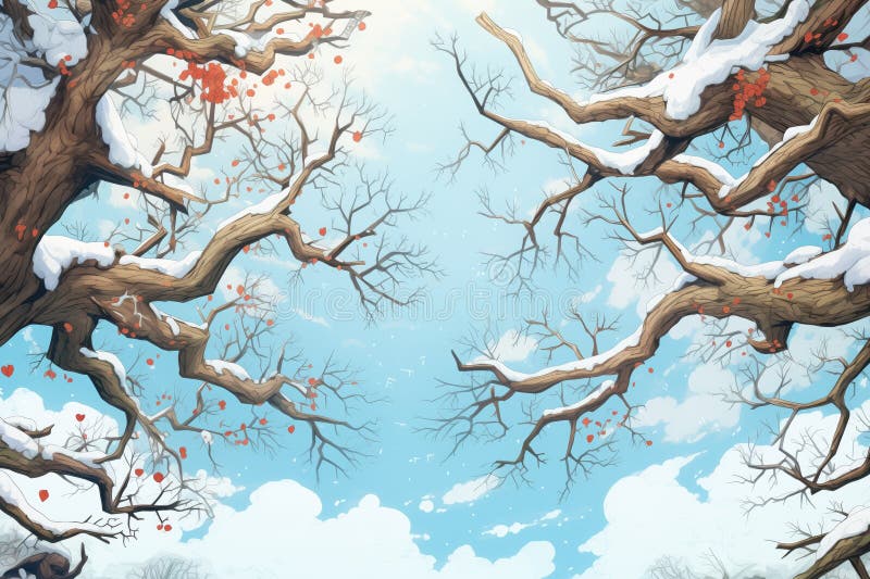 Tree Branches Covered in Snow Framing the Icy Scene Stock Photo - Image ...