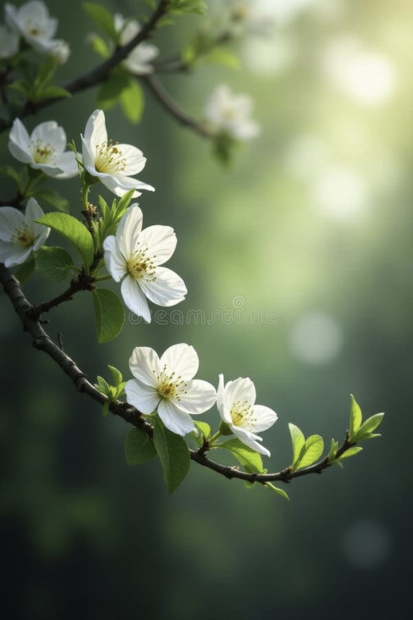 Tree Branches Heavy with White Flowers in Soft Forest Light, Petals ...