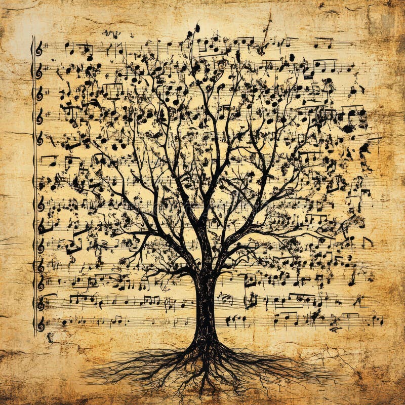 A Musical Tree Design with Notes and Leaves on Textured Background ...
