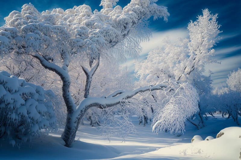 Tree Branches are Snow Covered and Look Very Beautiful. Nice Winter Day ...