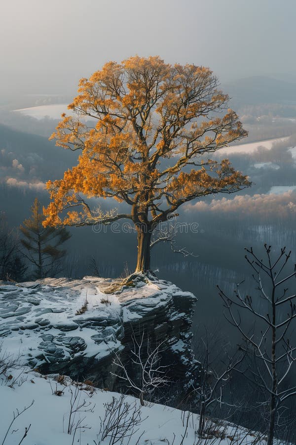 A Tree Stands on a Snowy Cliff, Against a Freezing Sky Stock Image ...