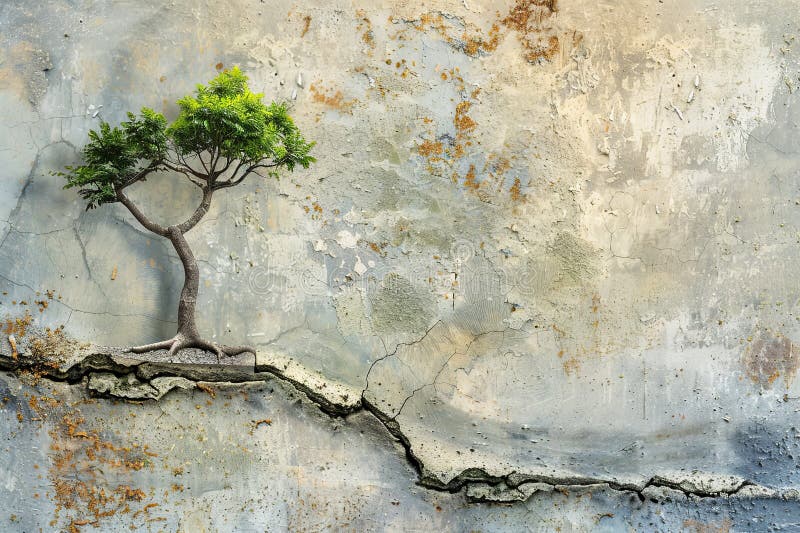 A Tree Breaking through a Crack in a Concrete Wall, Showcasing Natures ...