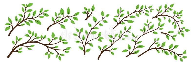 Tree Brunch Icon Set Isolated. Flat Cartoon Simple Twig with Green ...