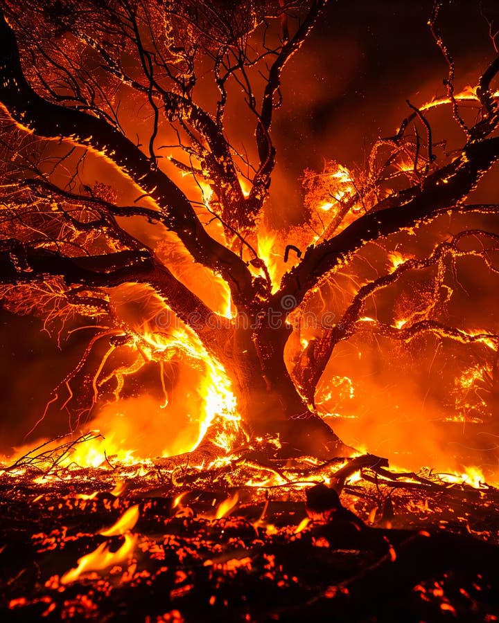A Tree is Burning in the Middle of a Field Stock Image - Image of ...