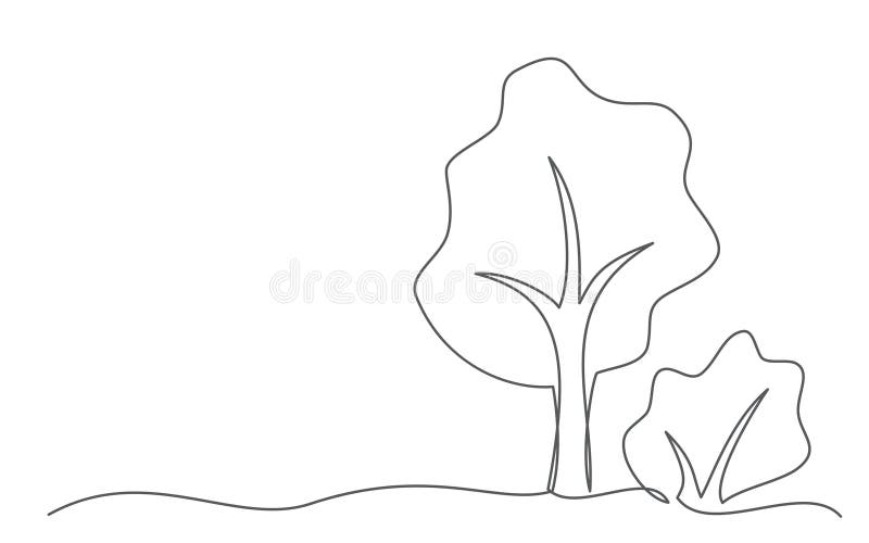 Tree and Bush One Line Drawing Isolated on White Background Stock ...
