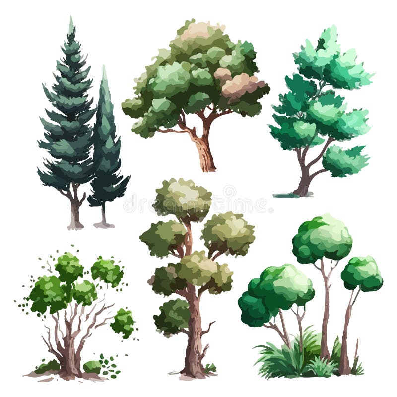 Tree and Bushes, Vector Set of Illustrations in Cartoon Style Stock ...