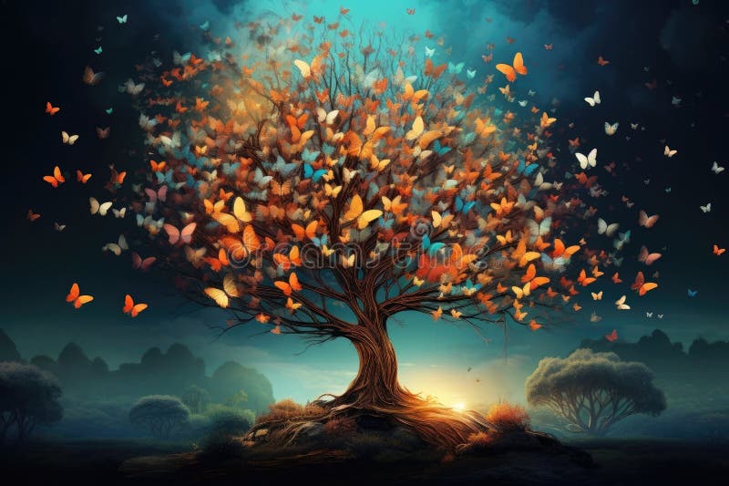 A Tree with Butterflies Flying Around it Stock Illustration ...
