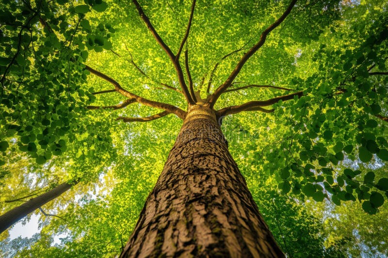 Tree Canopy View from Below, Vibrant Green Leaves, Textured Bark Stock ...