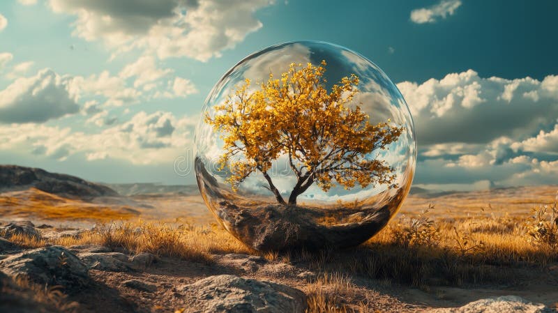 Tree Captured Inside a Reflective Glass Sphere in a Scenic Landscape ...