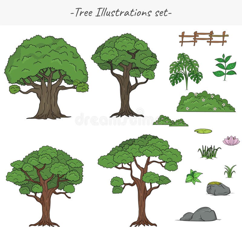 Tree Cartoon Illustrations Set Clipart Stock Vector - Illustration of ...