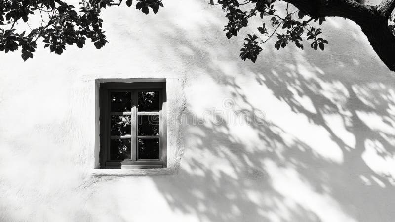A Tree Casts Shade Over a Window with Shutters on a White Wall Stock ...
