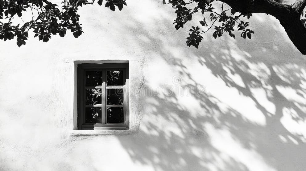 A Tree Casts Shade Over a Window with Shutters on a White Wall Stock ...