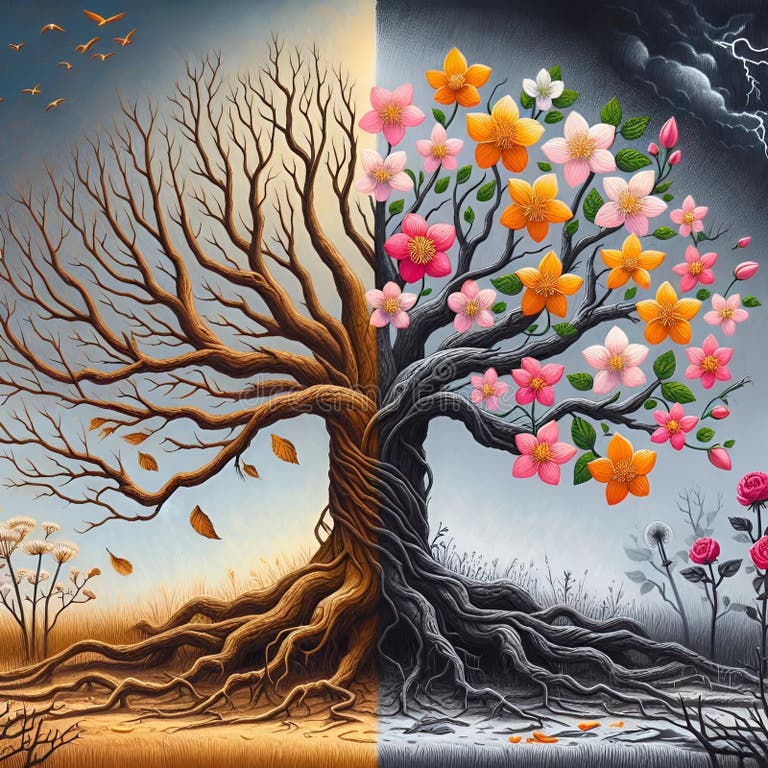 The Tree of Change: between Bloom and Wither" Stock Illustration ...