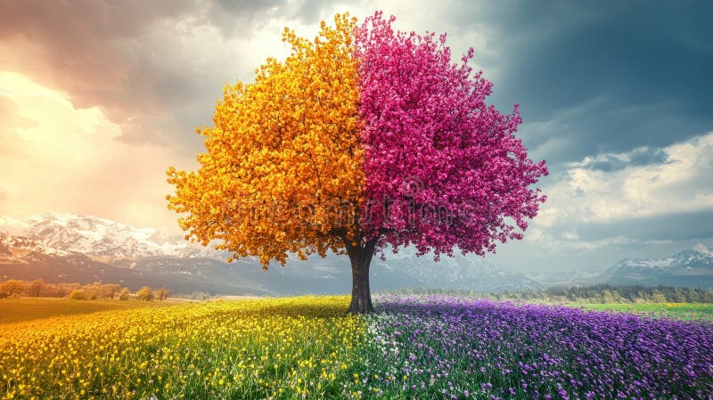A Tree Changing Colors through the Seasons, Representing the ...