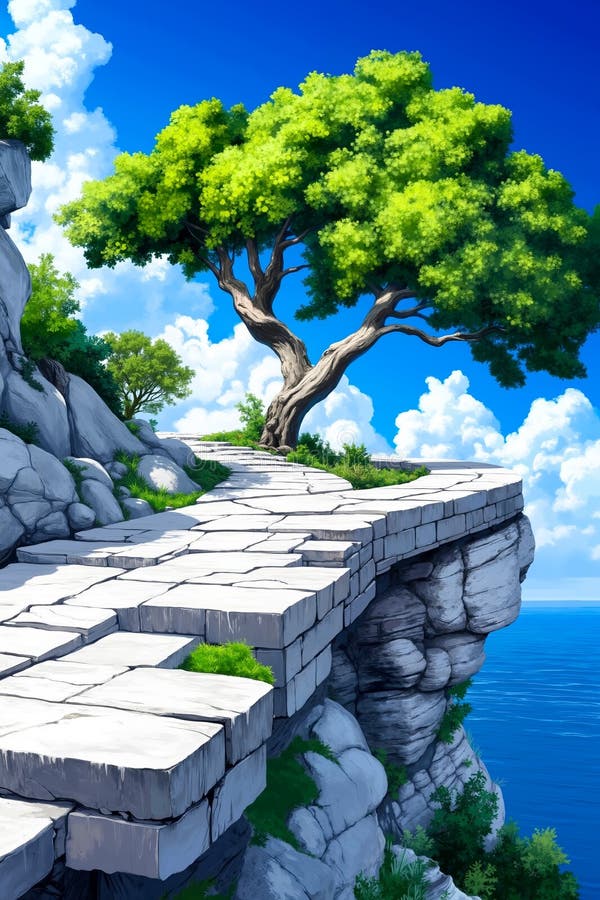 A Tree on a Cliff Overlooking the Ocean Stock Photo - Image of digital ...