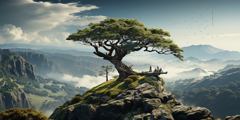 Tree on a Cliff with Sky, Cliffs and Mountains in Background with ...