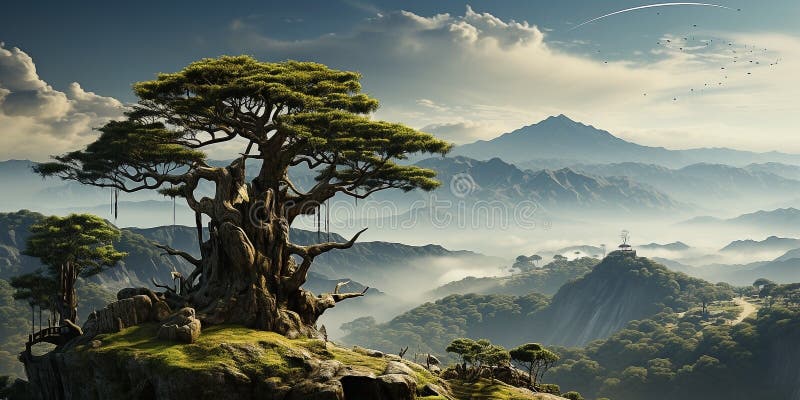 Tree on a Cliff with Sky, Cliffs and Mountains in Background with ...
