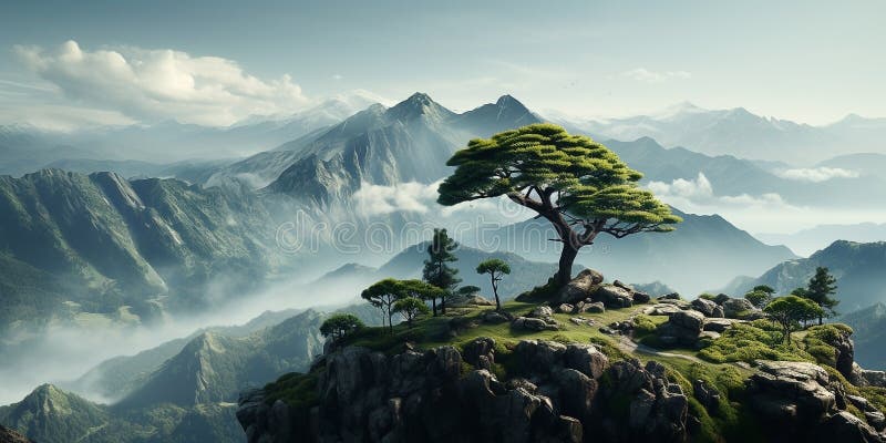 Tree on a Cliff with Sky, Cliffs and Mountains in Background with ...