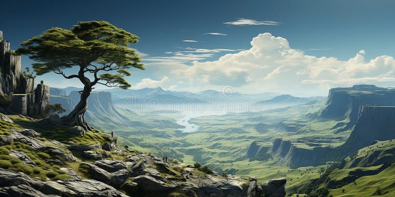 Tree on a Cliff with Sky, Cliffs and Mountains in Background with ...