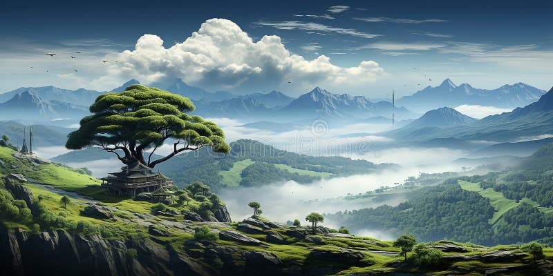 Tree on a Cliff with Sky, Cliffs and Mountains in Background with ...