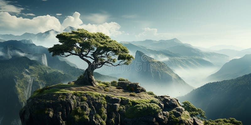 Tree on a Cliff with Sky, Cliffs and Mountains in Background with ...