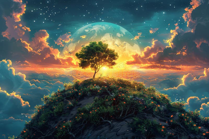 Tree on Cliff with Surreal Earth Backdrop Symbolizing Hope and Nature ...