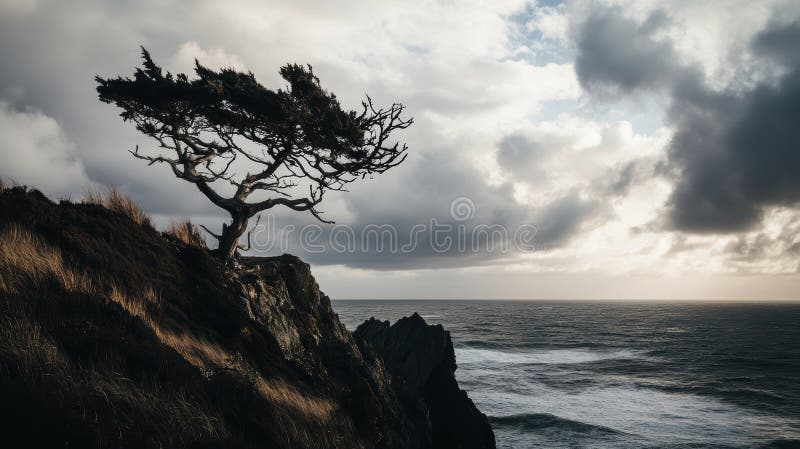 Tree on Cliffside Overlooking Wind-Swept Ocean Stock Illustration ...