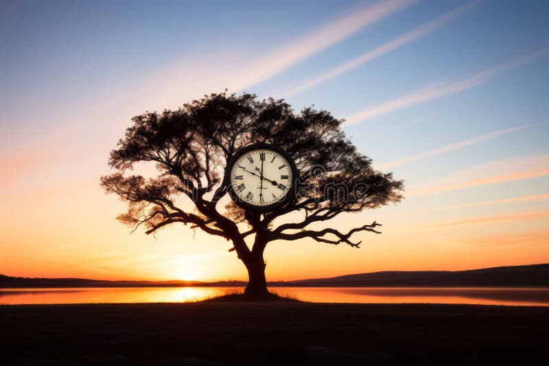 A Tree with a Clock on it at Sunset Stock Illustration - Illustration ...