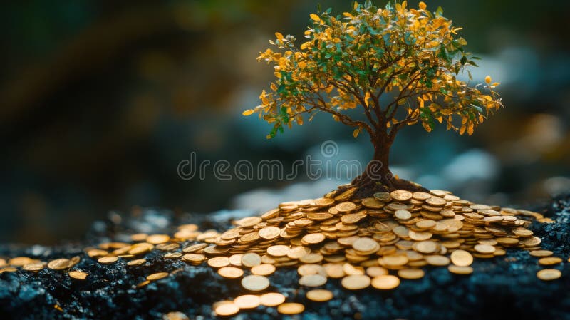 Tree and Coins, a Tree Grows from a Pile of Coins, Representing Wealth ...