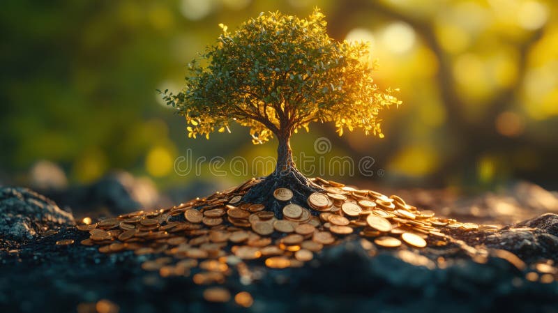 Tree and Coins, a Tree Grows from a Pile of Coins, Representing Wealth ...