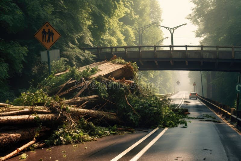 Tree Collapse on a Bridge, Causing a Traffic Jam Stock Photo - Image of ...