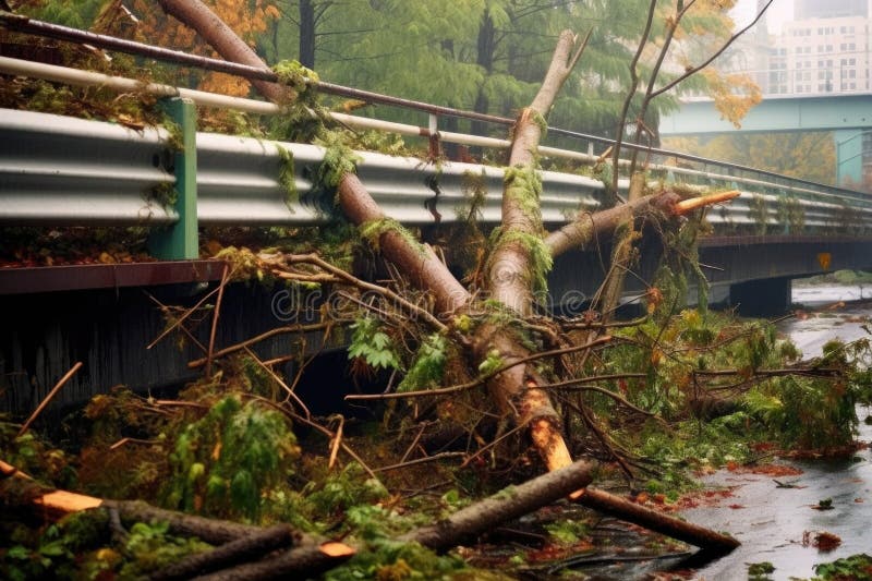 Tree Collapse on a Bridge, Causing a Traffic Jam Stock Photo - Image of ...