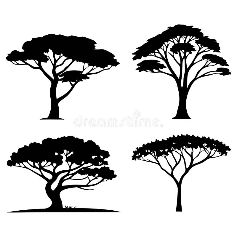 Collection of Four Black Silhouette Trees Icon on White Background ...