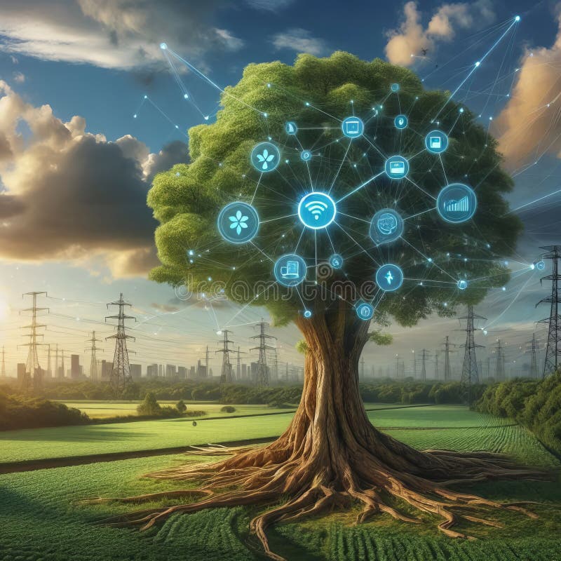 Tree Communication Networks â€ Trees Connected Via Sensors To M Stock Illustration