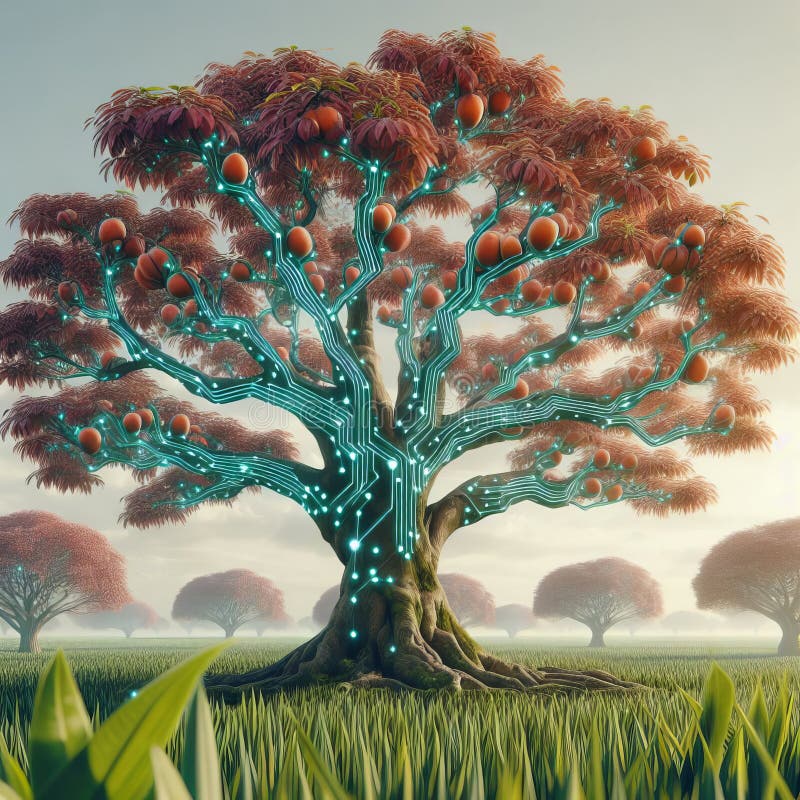 Tree in the Field with Digital Network Lines Connections on Branches ...