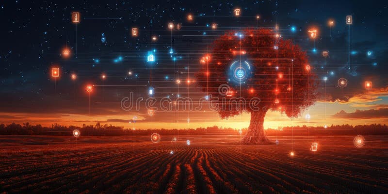 Tree Connects To Digital Network in Field at Sunset, Smart Agriculture ...